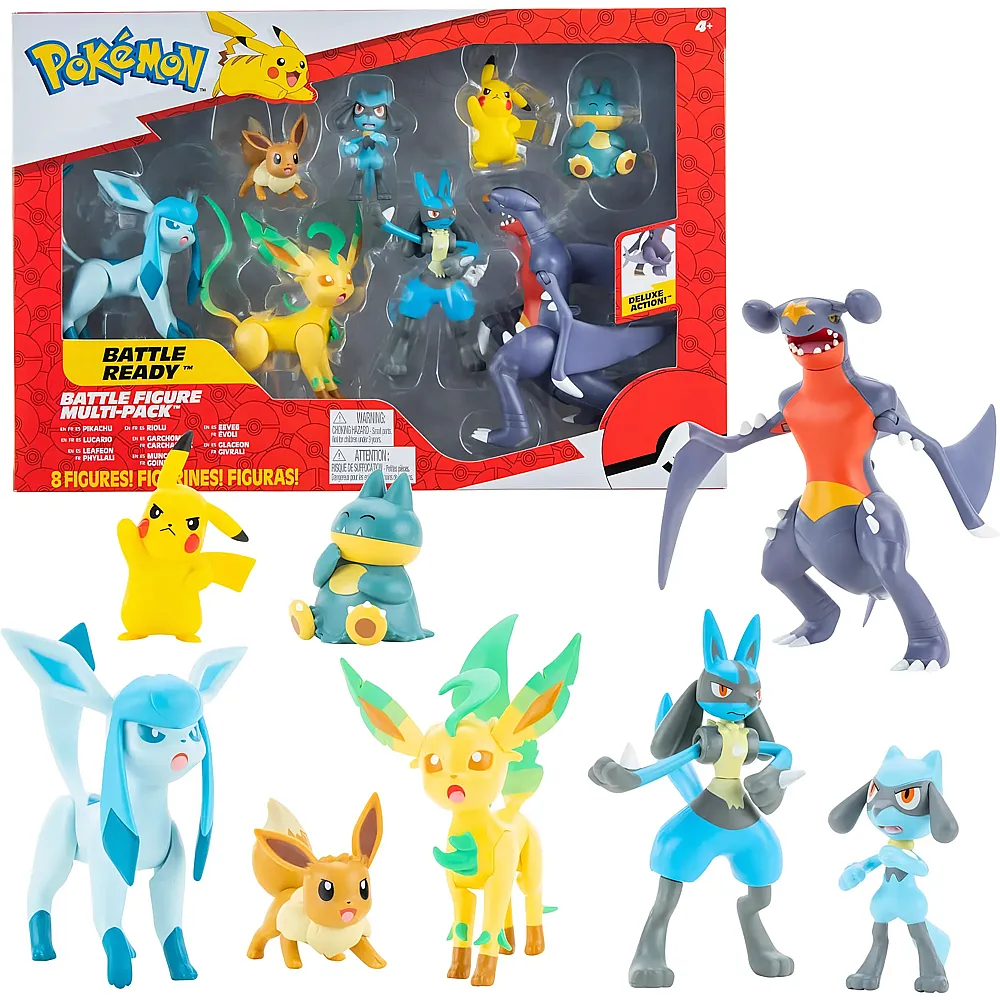 Jazwares Pokémon 8er Pack Garchomp, Pikachu, Eevee, Lucario, Riolu, Munchlax, Glaceon & Leafeon ...